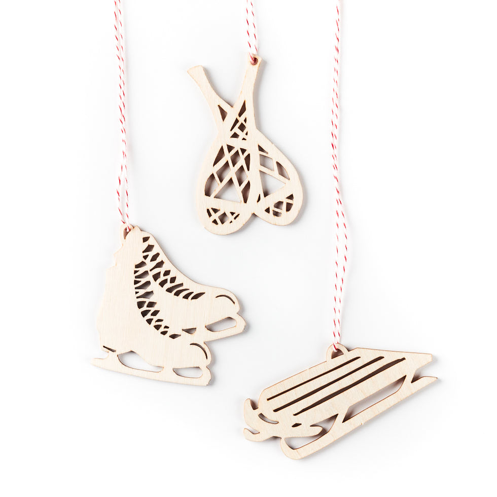 Sled x Snowshoe x Skates Ornaments (set of 3) | Light + Paper